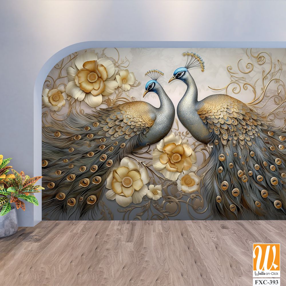 3d wallpaper, peacock birds with flowers in fantasy art style painting ...